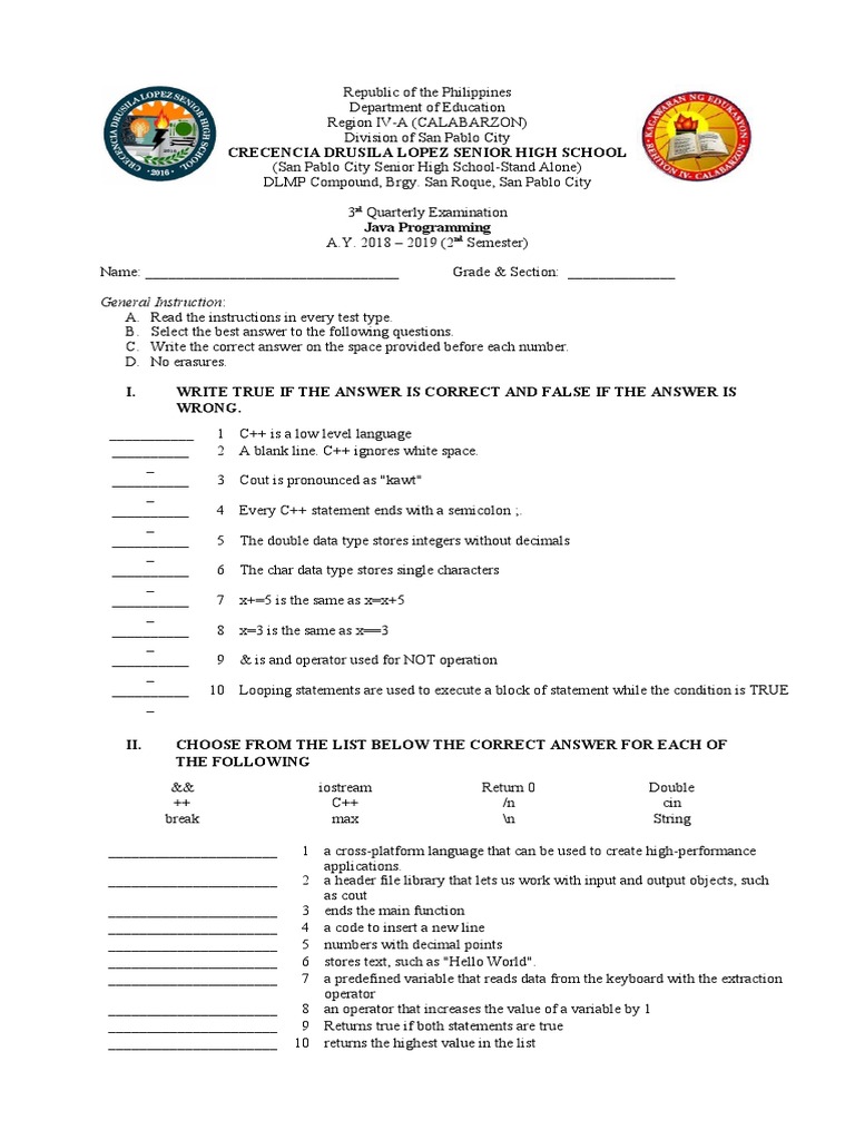 C++ Programming 3RD Quarter Test | PDF | C++ | Integer (Computer Science)