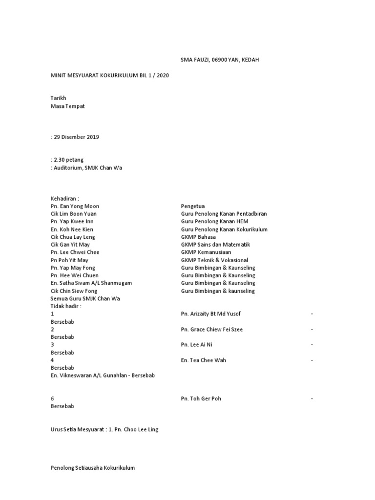 Minit Mesyuarat Kokurikulum Kali Pertama Tahun 2020 | PDF