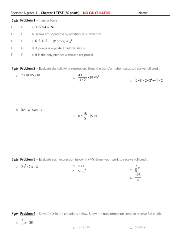 Chapter 1 TEST KEY | PDF | Multiplication | Algebra