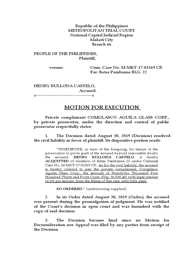 Motion For Execution Sample | PDF | Plaintiff | Prosecutor