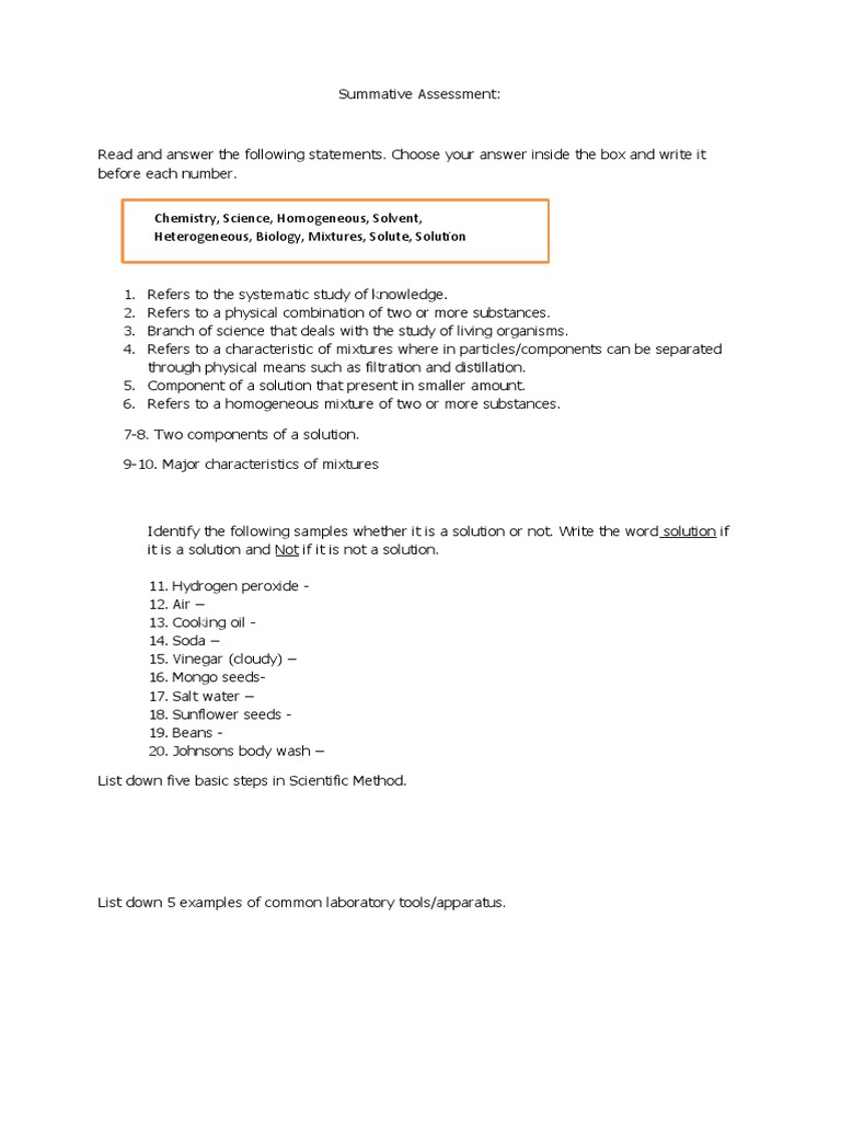 Summative Exam on Mixtures and Solutions | PDF | Wellness | Science ...