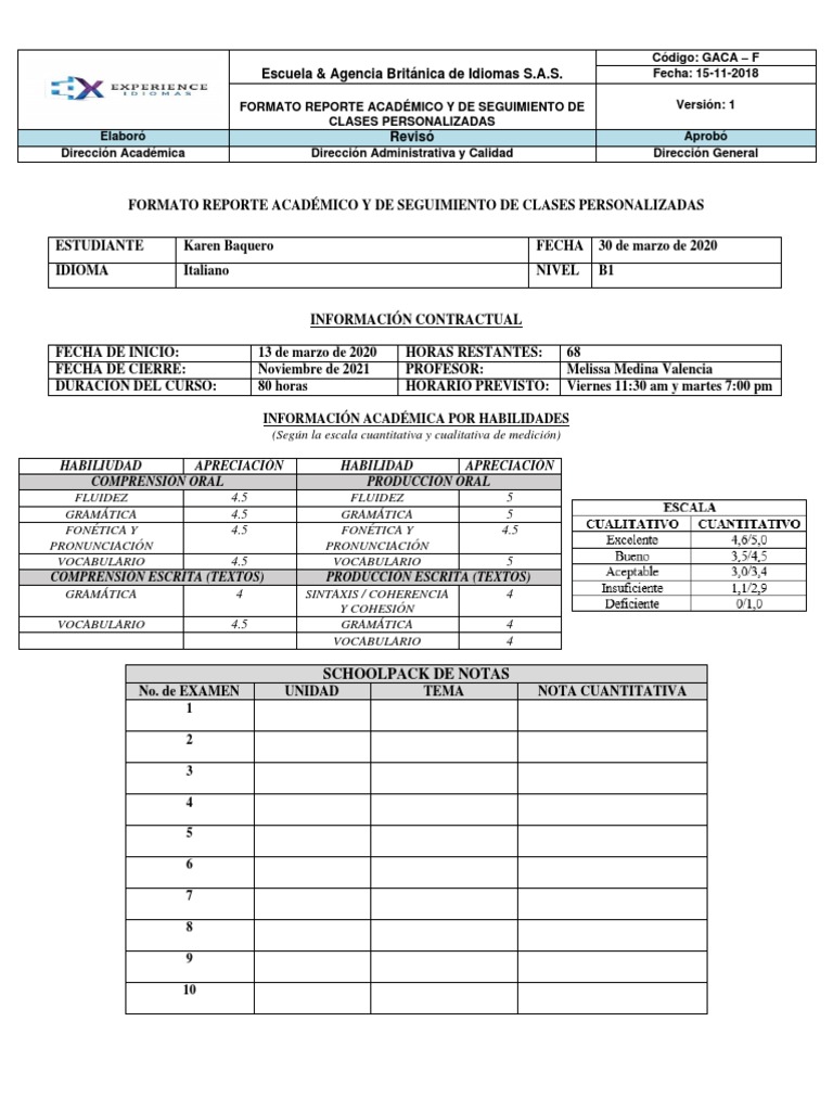 FORMATO REPORTE ACADÉMICO Y DE SEGUIMIENTO DE CLASES PERSONALIZADAS ...