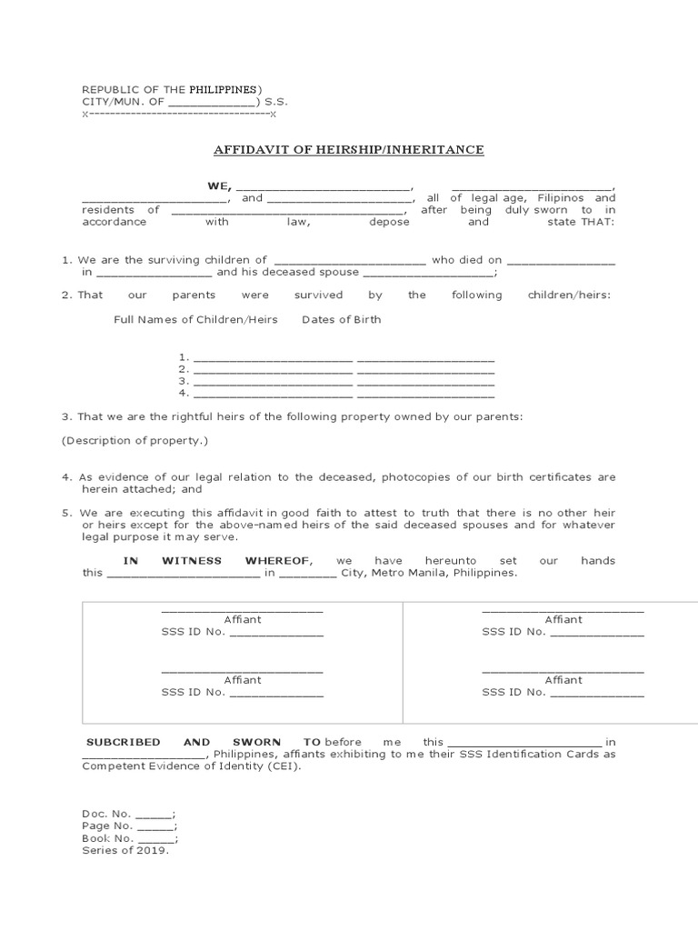 Affidavit Heorship Inheritance | PDF | Affidavit | Inheritance