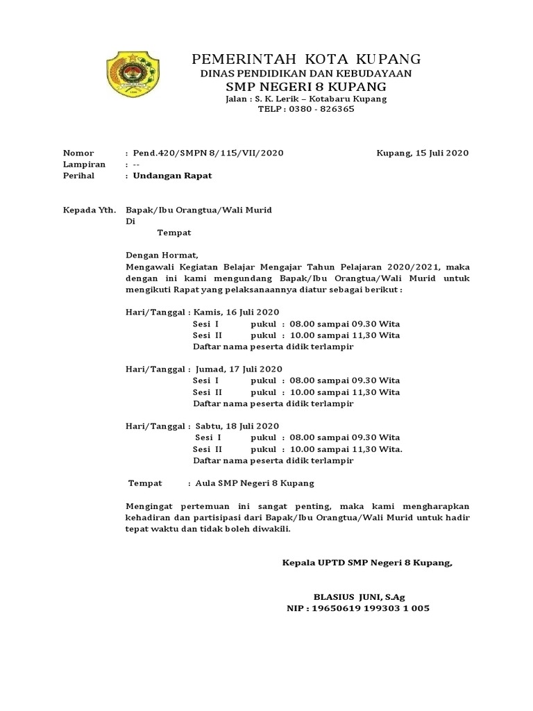 Undangan Rapat Orang Tua Siswa SMPN 8 | PDF