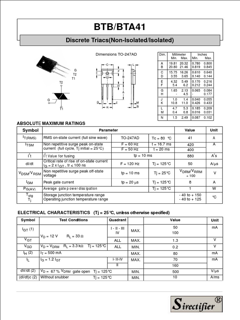 BTB/BTA41: Discrete Triacs (Non-Isolated/Isolated) | PDF | Electrical ...