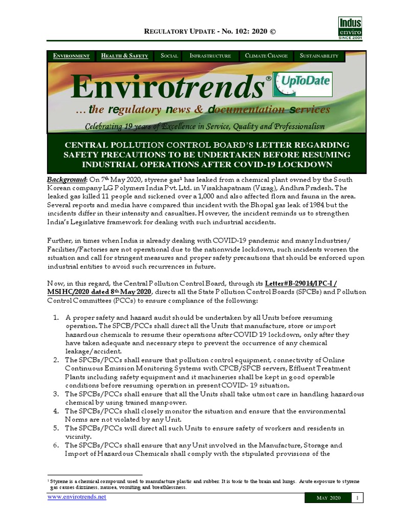 Envirotrends Regulatory Update#102 of 2020 - CPCBs Letter Regarding ...