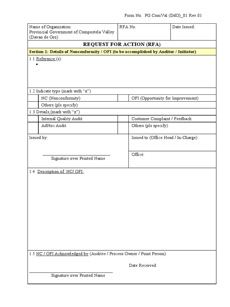 Request For Action (Rfa) : Section 1: Details of Nonconformity / OFI ...