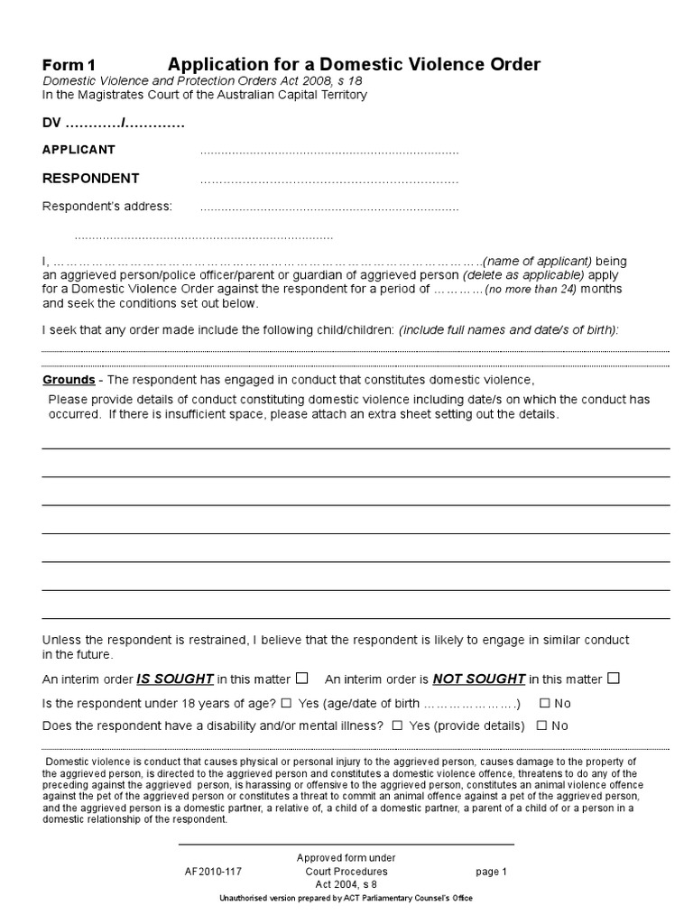 Application For A Domestic Violence Order: Form 1 | Download Free PDF ...