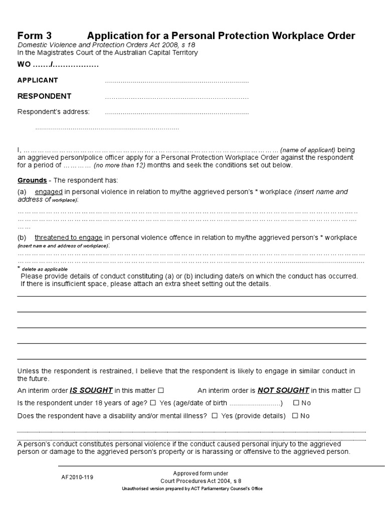Application for a Personal Protection Workplace Order: Seeking ...