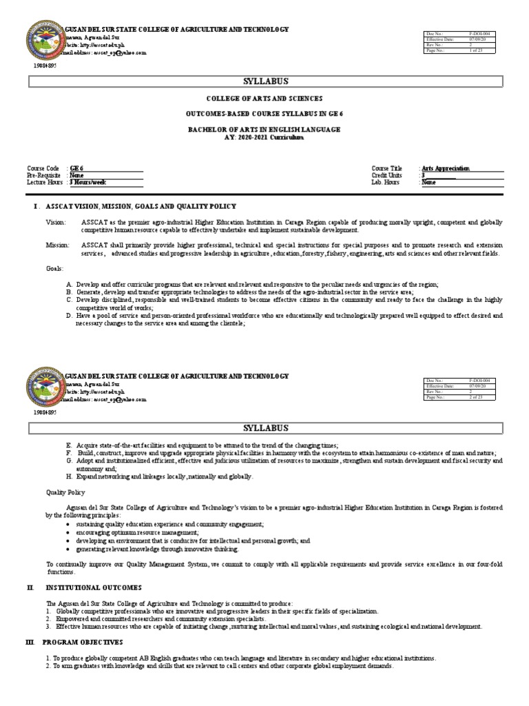 ASSCAT GE 6 Arts Appreciation Syllabus | PDF | Learning | Communication
