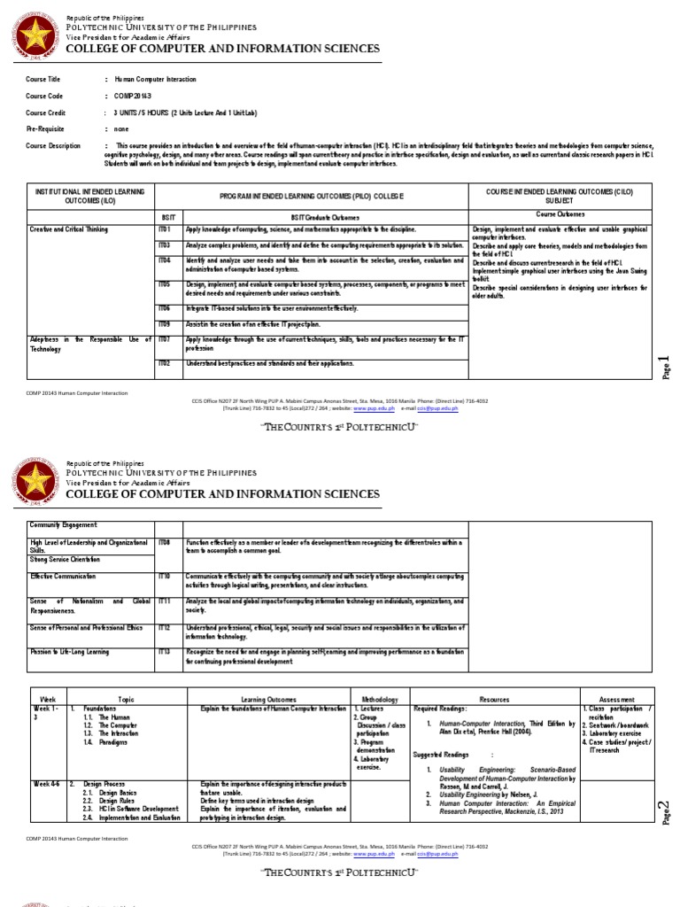 COMP 20143 BSIT OBE FORMAT Human Computer Interaction | PDF | Human ...