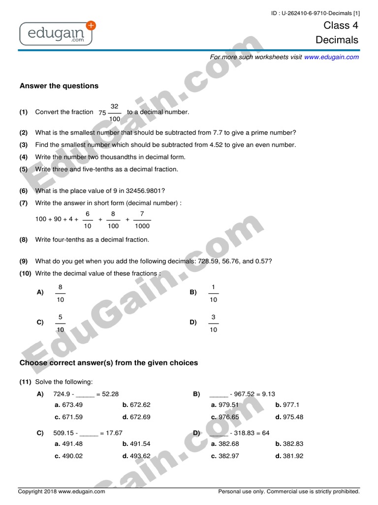 Class 4 Decimals: Answer The Questions | PDF | Numbers | Decimal