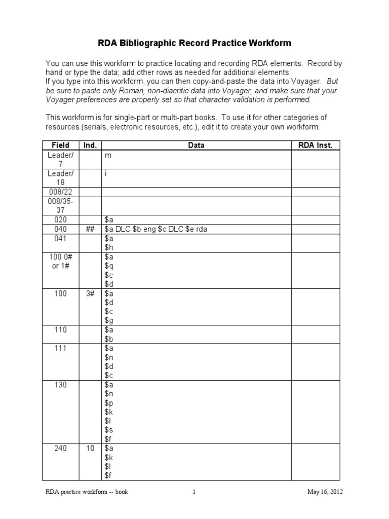 RDA Bibliographic Record Practice Workform | Download Free PDF ...