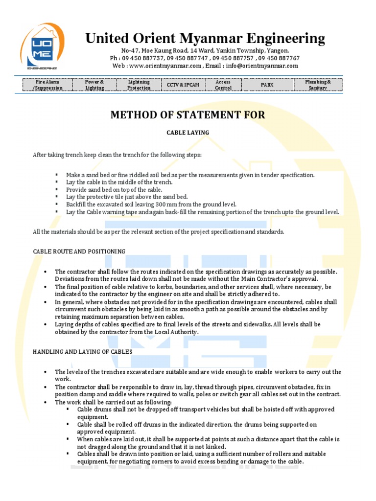 Method of Statement Cable Laying | PDF | Pipe (Fluid Conveyance) | Road