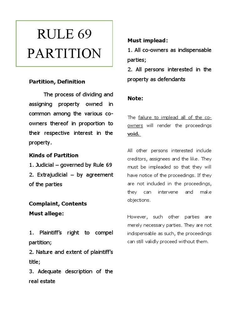 RULE 69 (PARTITION) Reviewer | PDF | Concurrent Estate | Judgment (Law)