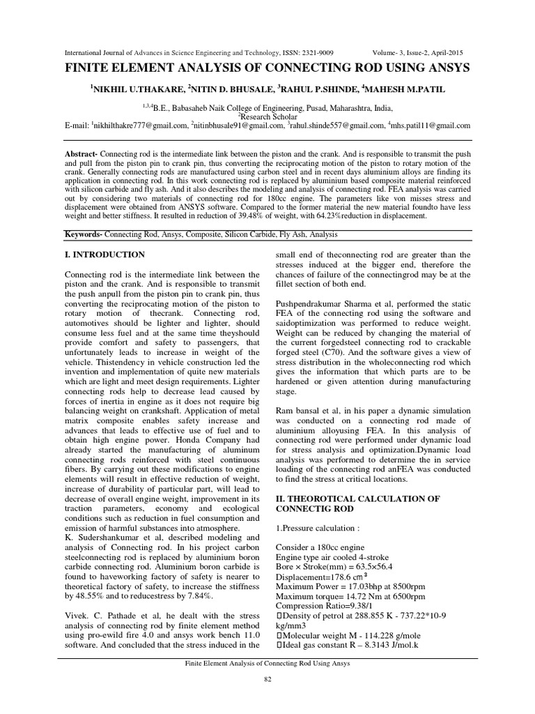 Finite Element Analysis of Connecting Rod Using Ansys PDF | PDF | Stress (Mechanics) | Piston