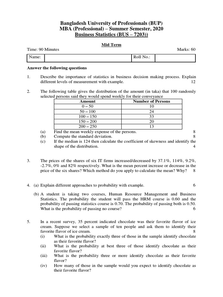 Bangladesh University of Professionals (BUP) MBA (Professional) - Summer Semester, 2020 Business ...