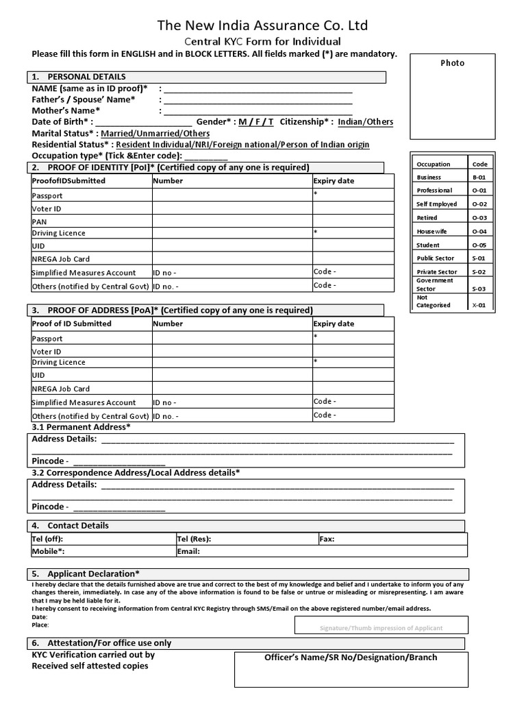 The New India Assurance Co. LTD: Central KYC Form For Individual | PDF ...