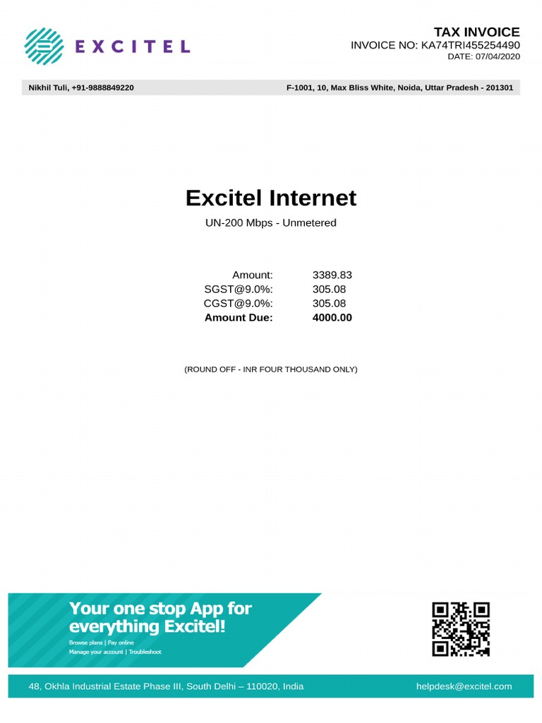 Excitel Broadband Invoice | PDF