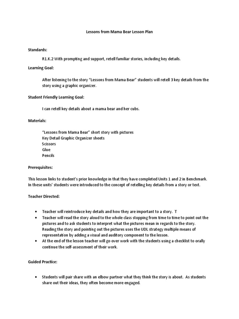 Lessons From Mama Bear Lesson Plan | PDF | Lesson Plan | Education Theory