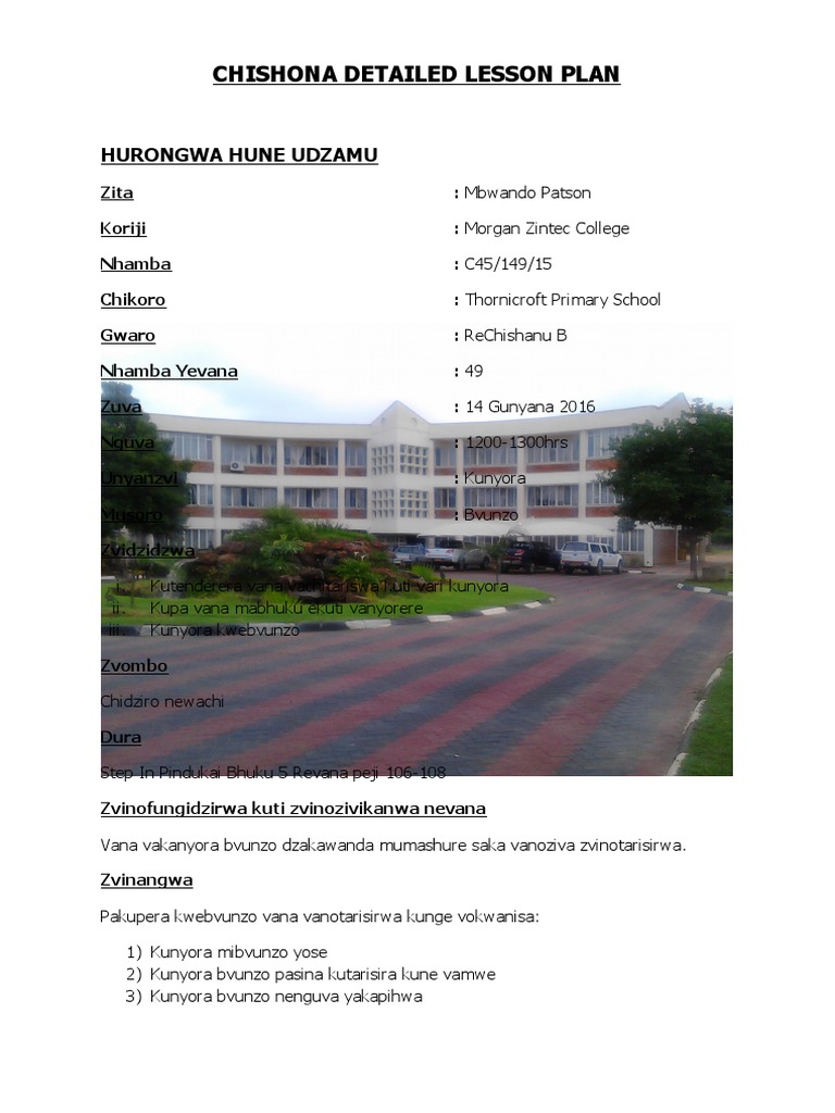 Chishona Detailed Lesson Plan: Hurongwa Hune Udzamu | PDF