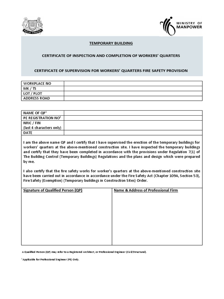 QP Certification For Workers' Quarters For Temporary Building v1 | PDF