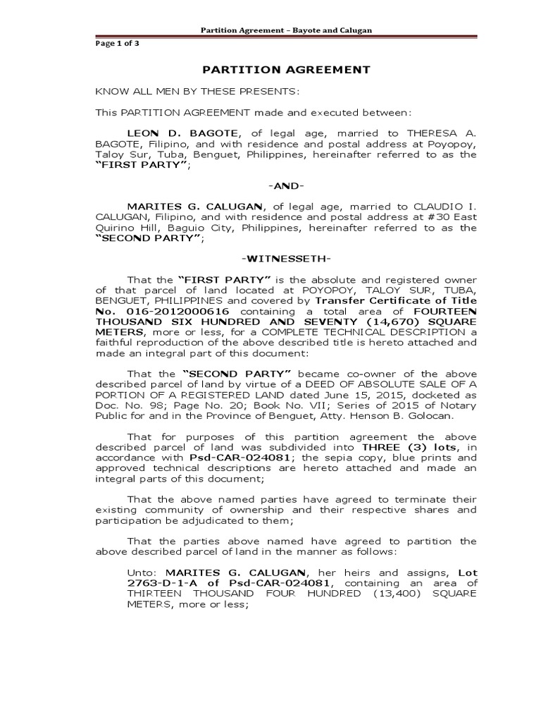 Partition Agreement: Page 1 of 3 | PDF | Property Law | Private Law