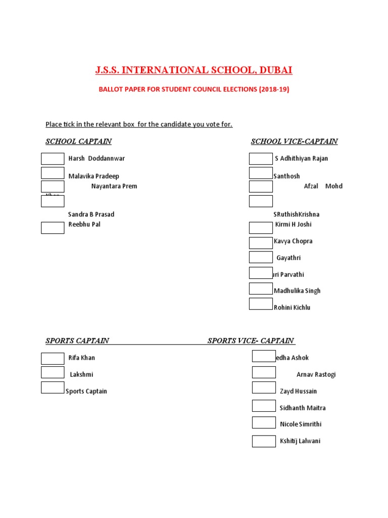 J.S.S. International School, Dubai: Ballot Paper For Student Council ...