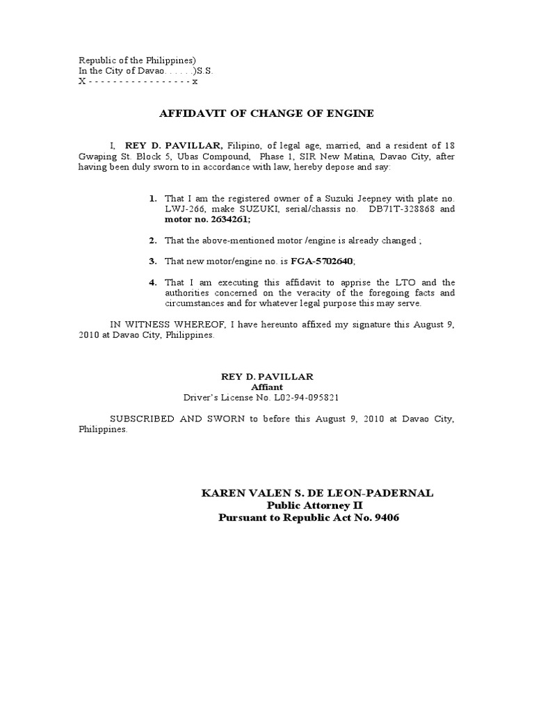 Affidavit of Change of Engine | PDF