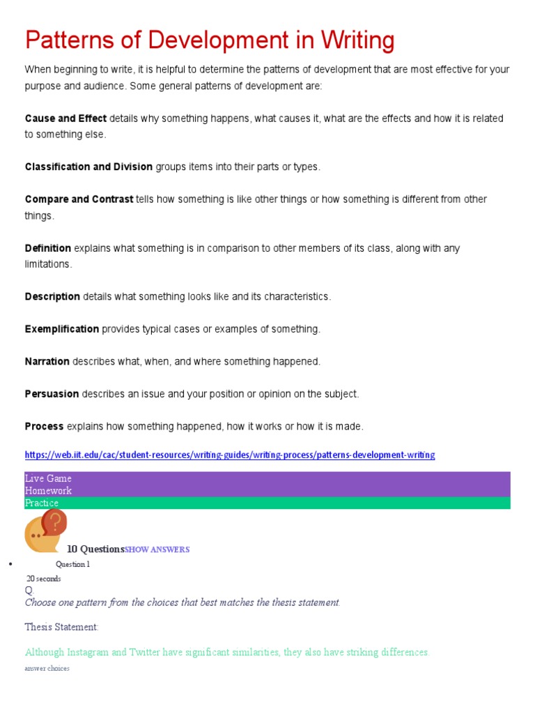 Patterns of Development in Writing | PDF | Definition | Causality