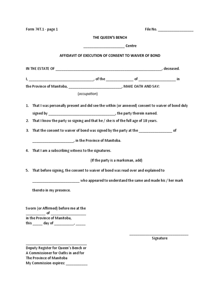 Affidavit of Execution of Consent To Waiver of Bond | PDF