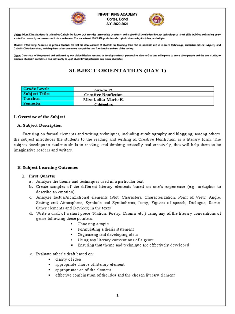Subject Orientation (Day 1) : Infant King Academy Cortes, Bohol | PDF ...