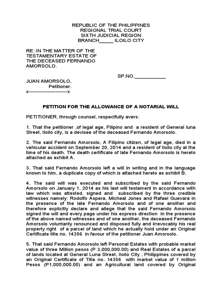 Petition For The Allowance of A Notarial Will | PDF | Affidavit | Probate