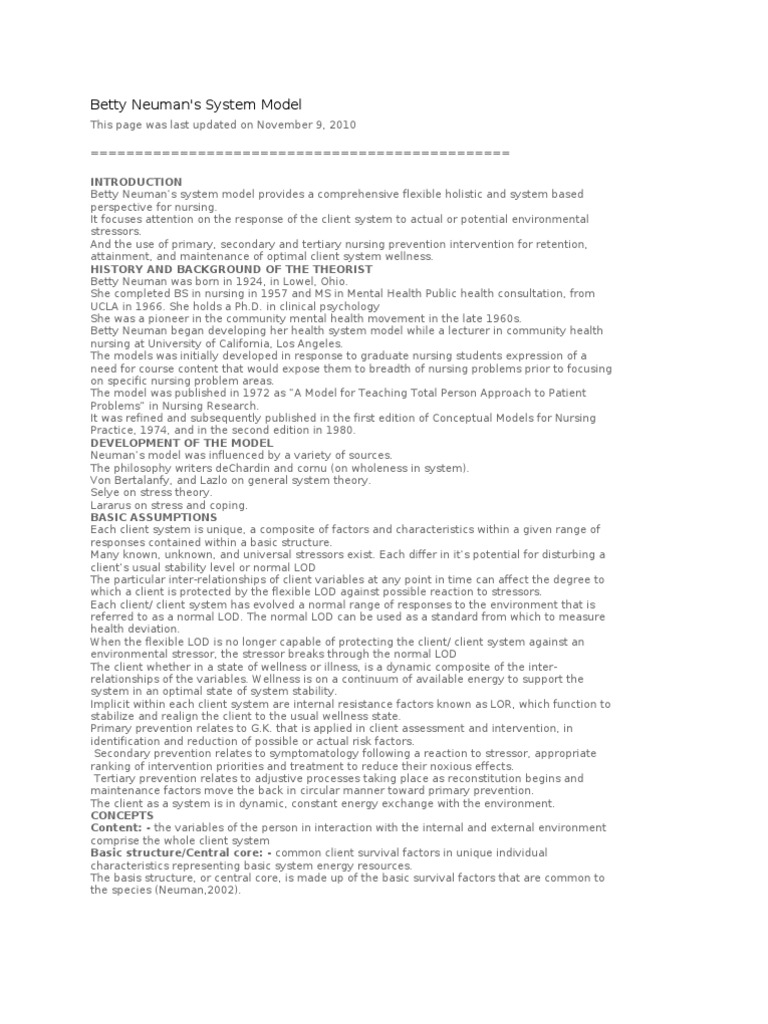 Neuman's Systems Model Overview | PDF | Stress (Biology) | Preventive ...