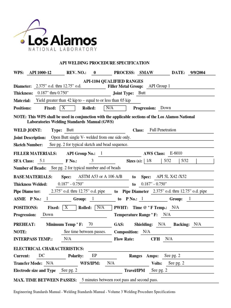 API Welding Procedure Specification PDF | Download Free PDF | Welding ...