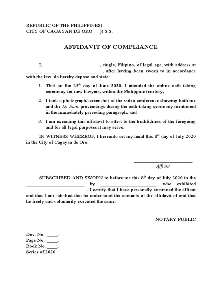 Affidavit of Compliance: Oath Taking Ceremony for New Lawyers | PDF