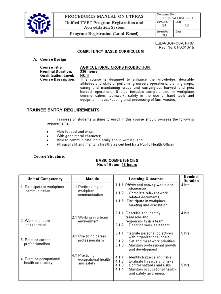 TESDA-SOP-CO-01-f07 - Competency Based Curriculum aGRI cROPS | PDF ...
