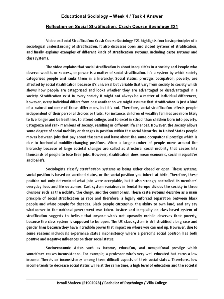 Educational Sociology - Week 4 / Task 4 Answer Reflection On Social ...