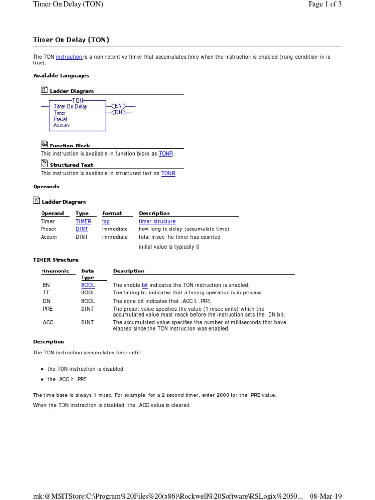 Timer On Delay (TON) : Instruction | PDF | Timer | Subroutine