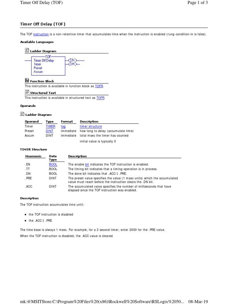 Timer Off Delay (TOF) : Instruction | PDF | Computer Science | Digital ...