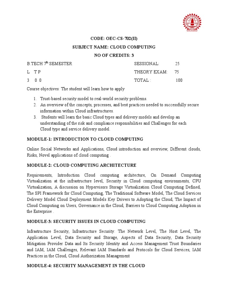 Syllabus of Cloud Computing and Plan | PDF | Cloud Computing | Computing