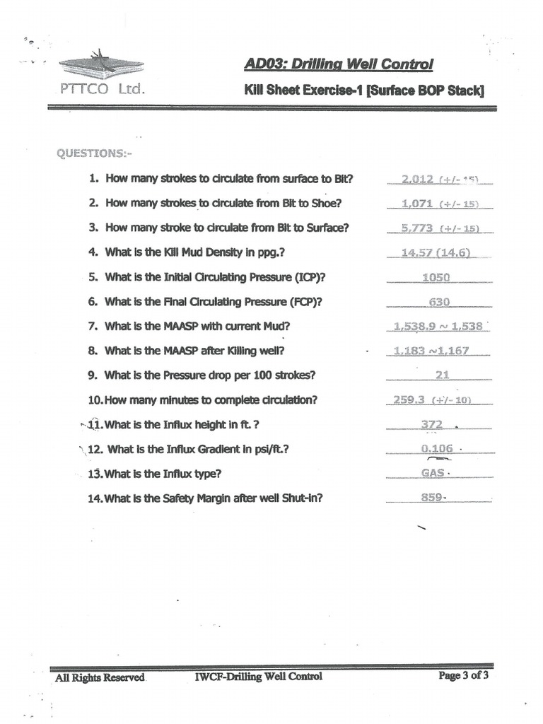 Kill Sheet Exercise 1 - Surface BOP Stack | PDF