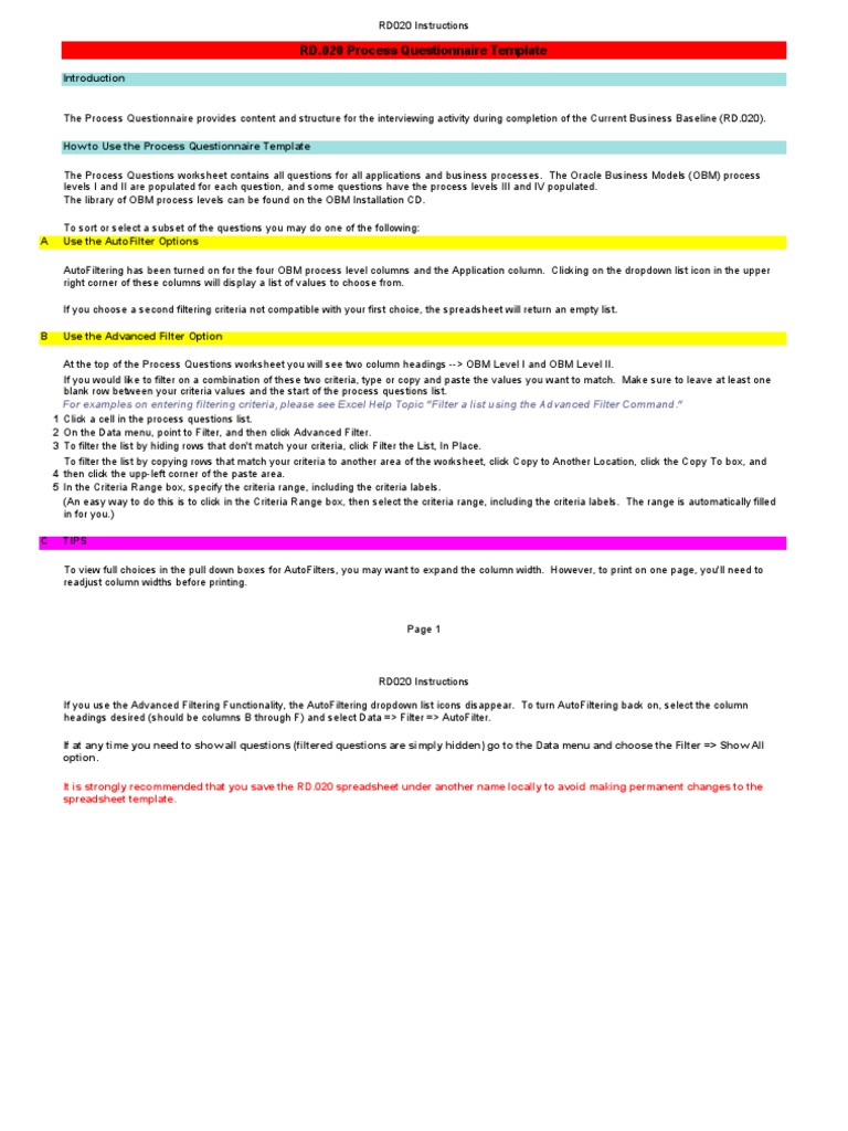RD.020 Process Questionnaire Template | Download Free PDF | Budget ...