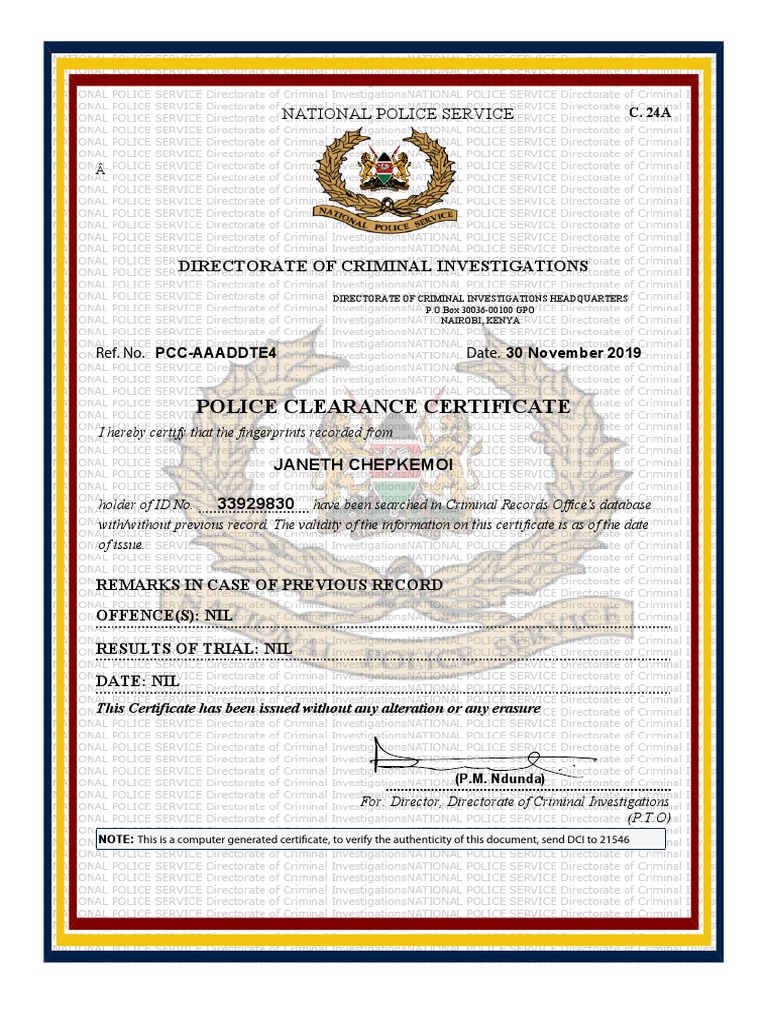 Police Clearance Certificate: Directorate of Criminal Investigations | PDF