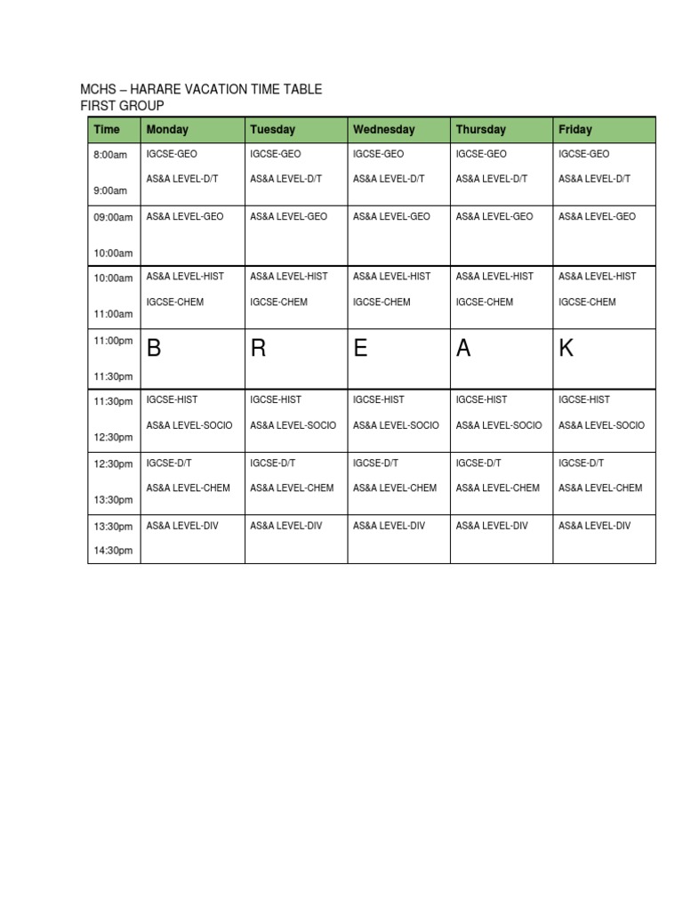 Vacation Timetable PDF | PDF