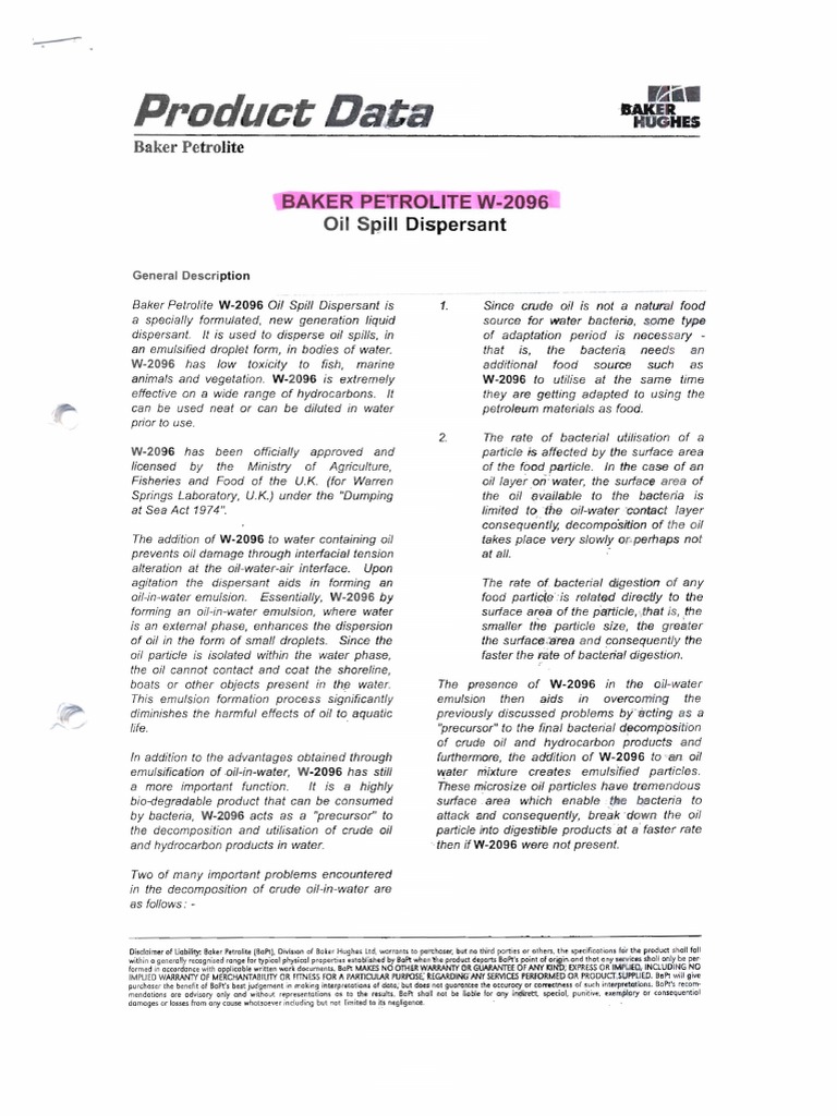Baker Petrolite W-2096 Oil Spill Dispersant | PDF | Fires | Carbon Dioxide