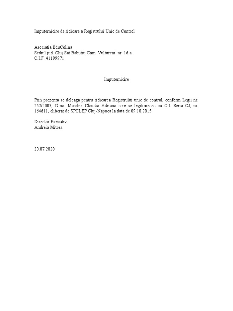 Imputernicire de Ridicare A Registrului Unic de Control | PDF