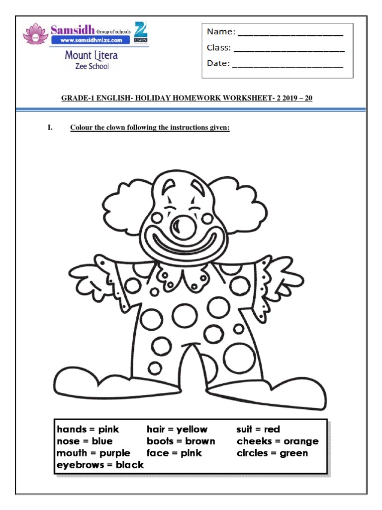 Grade-1 English-Holiday Homework Worksheet - 2 2019 - 20 | PDF