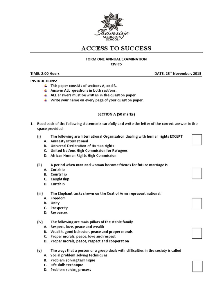 FORM 1 CIVICS Annual | PDF | Tanzania | Peace