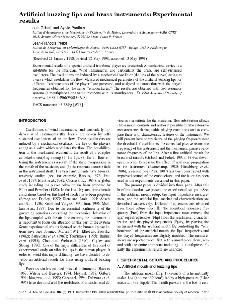 Artificial Buzzing Lips and Brass Instruments | PDF | Resonance ...